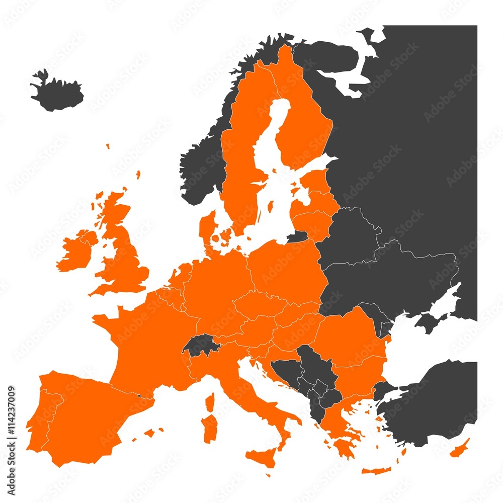 Grey map of Europe with orange highlighted 28 EU member states. Vector ...