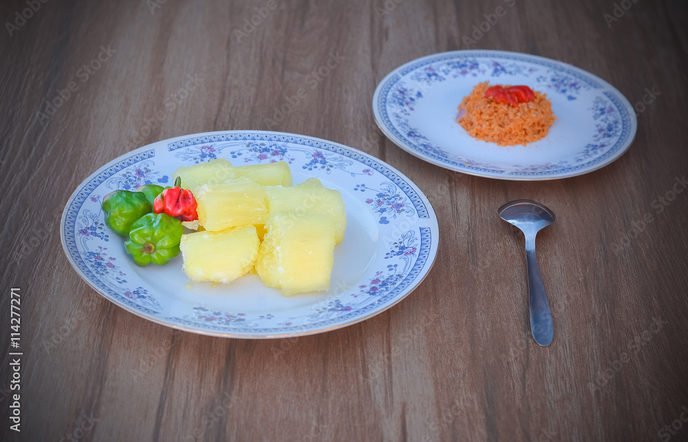 Fresh Homemade Sri Lankan Cassava Or Manioc With Onion & Coconut Sambol ...