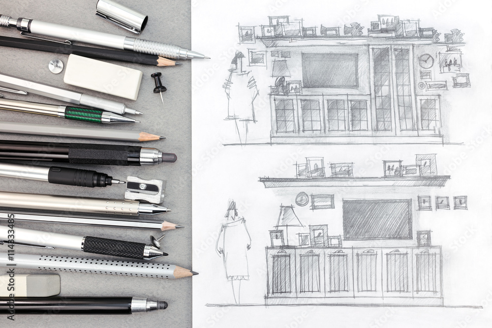 graphical drawings of wall units on designer workplace backgroun Stock ...