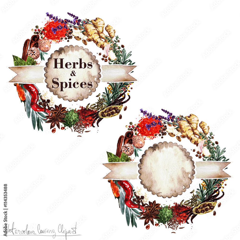 Watercolor Cooking Clipart - Set of 'Herbs and Spices' labels. Isolated ...