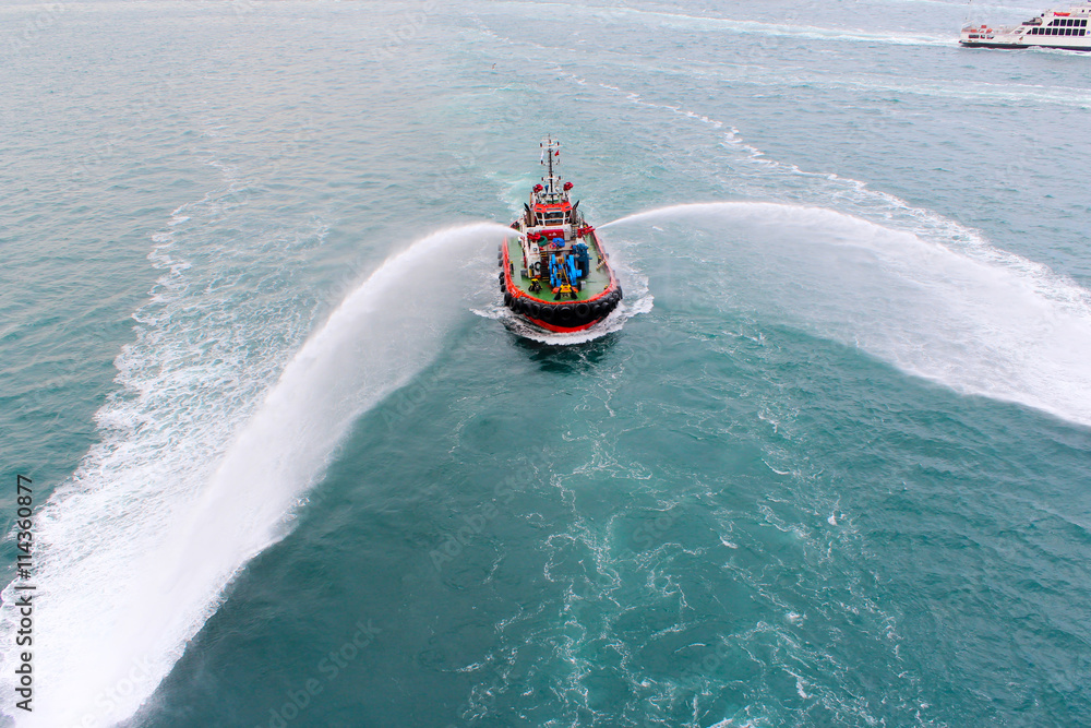 Löschboot begrüßt Kreuzfahrtschiff am Hafen Stock Photo | Adobe Stock