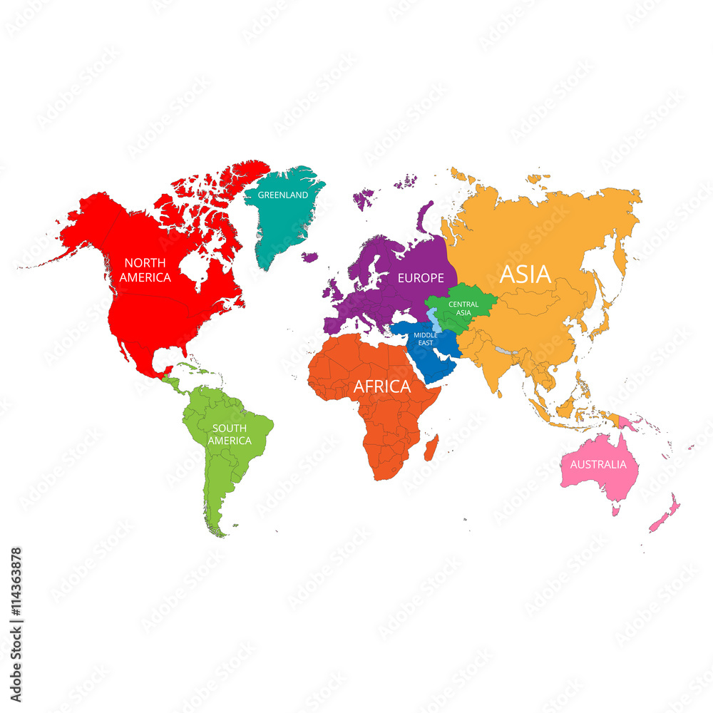 World map with the names of the continents. Vector illustration. Stock ...