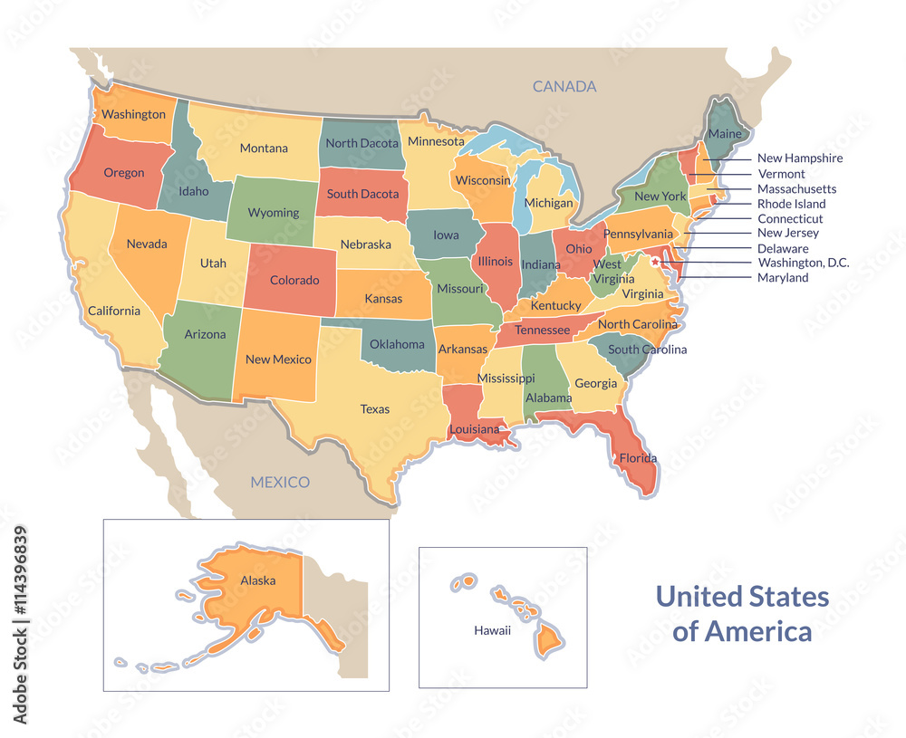 Vector political map of USA with all 50 states. Multicolor, clear font ...