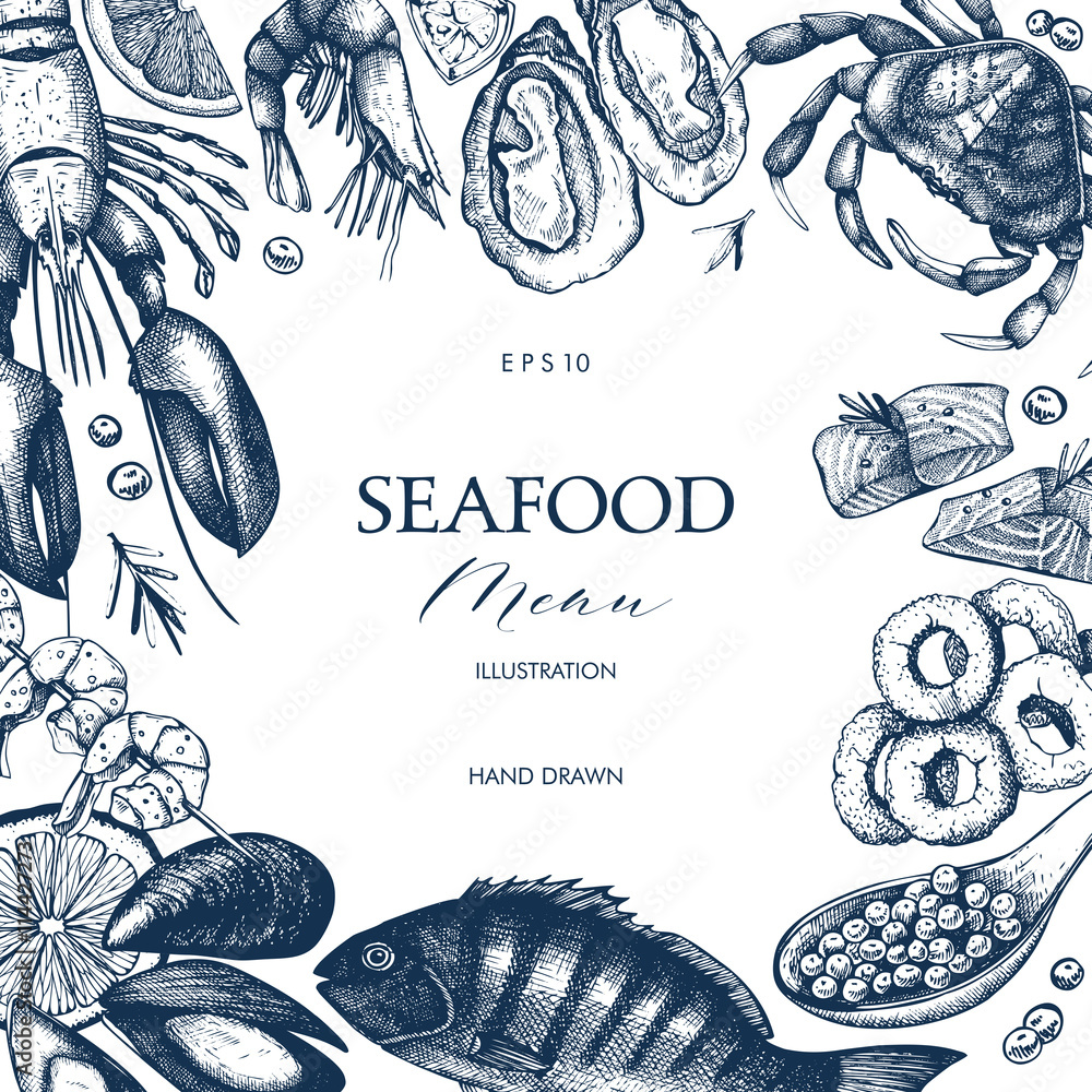 Vector Seafood card or flyer design. Decorative frame with Hand drawn ...