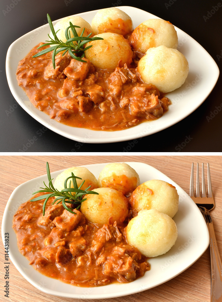 gulasz wieprzowy z pyzami Stock Photo | Adobe Stock