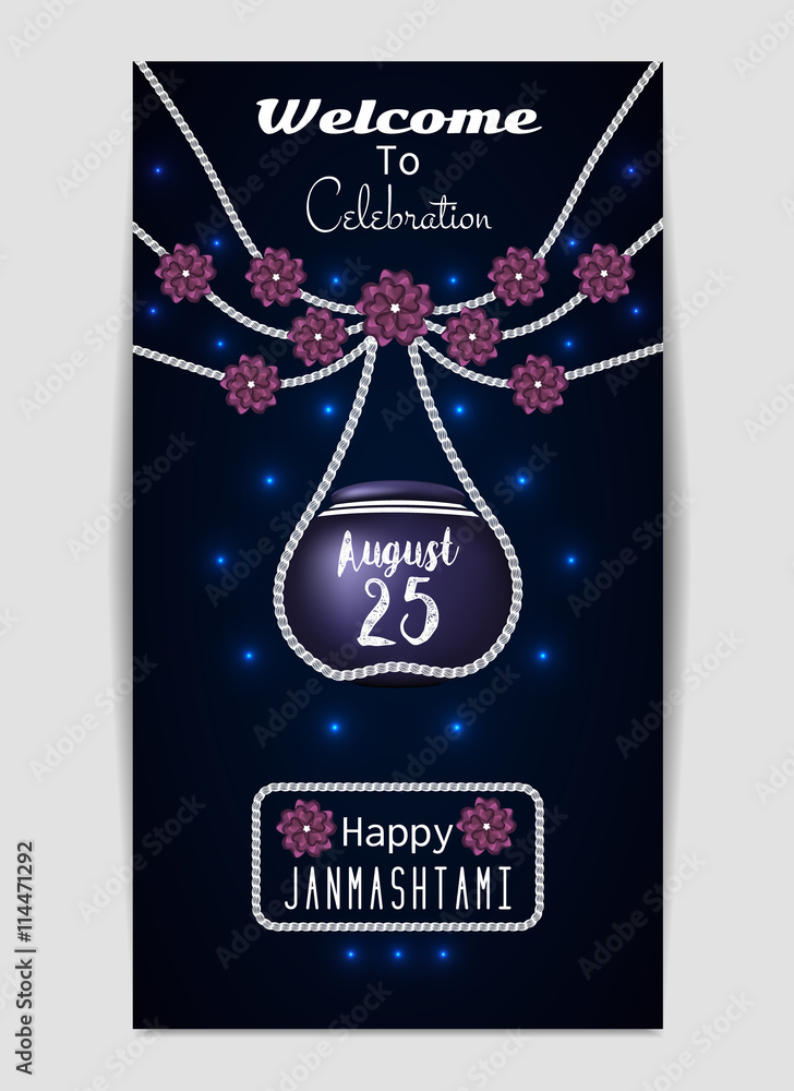 Happy Janmashtami. Illustration of hanging dahi handi. Template for ...