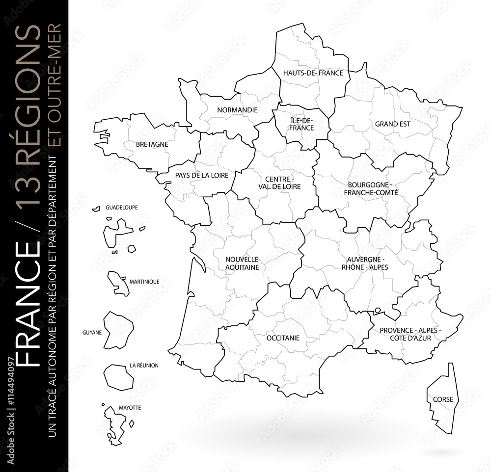 Carte de France 13 régions (nouveaux noms (2016) + départements et ...