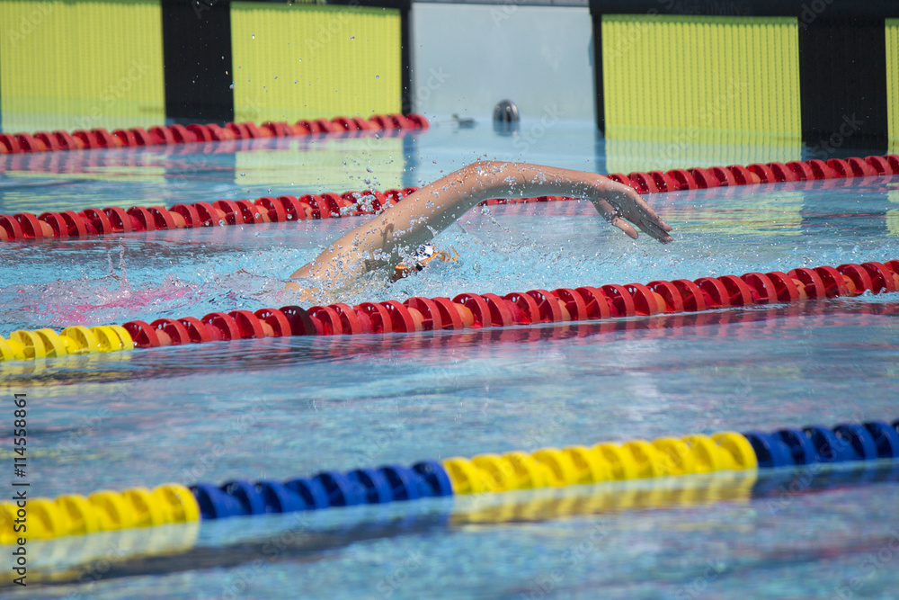 Nadador nadando crol en piscina de verano. Competición de natación ...