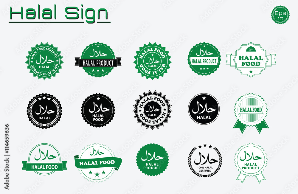 Halal food labels vector set. Badges, logo, tag round, and label design ...