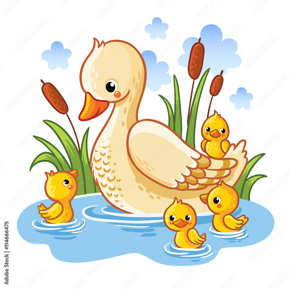 Vector illustration of a duck and ducklings. Mother duck swims in the ...