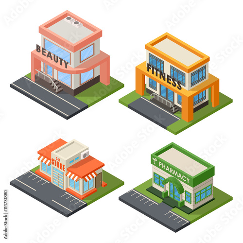 Vector isometric buildings set. Convenience store supermarket isometric ...