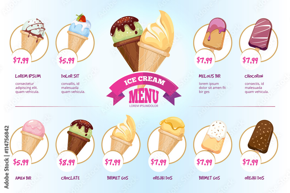 เวกเตอร์ Stock Cafe, restaurant ice cream menu vector template. Color ...