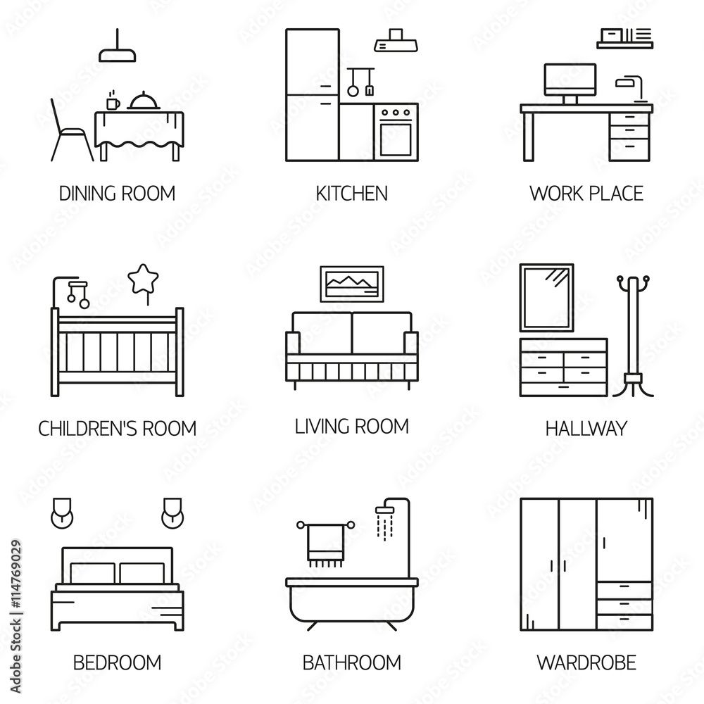 Set of line vector interior design room types icons. Stock Vector ...