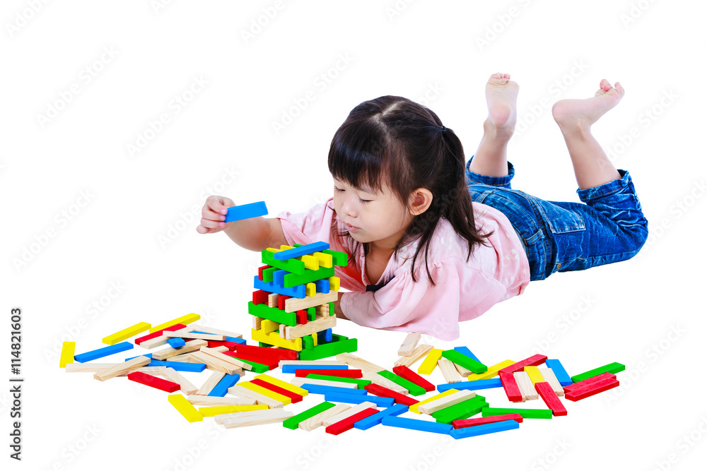 Child playing toy wood blocks, isolated on white background. Stock ...