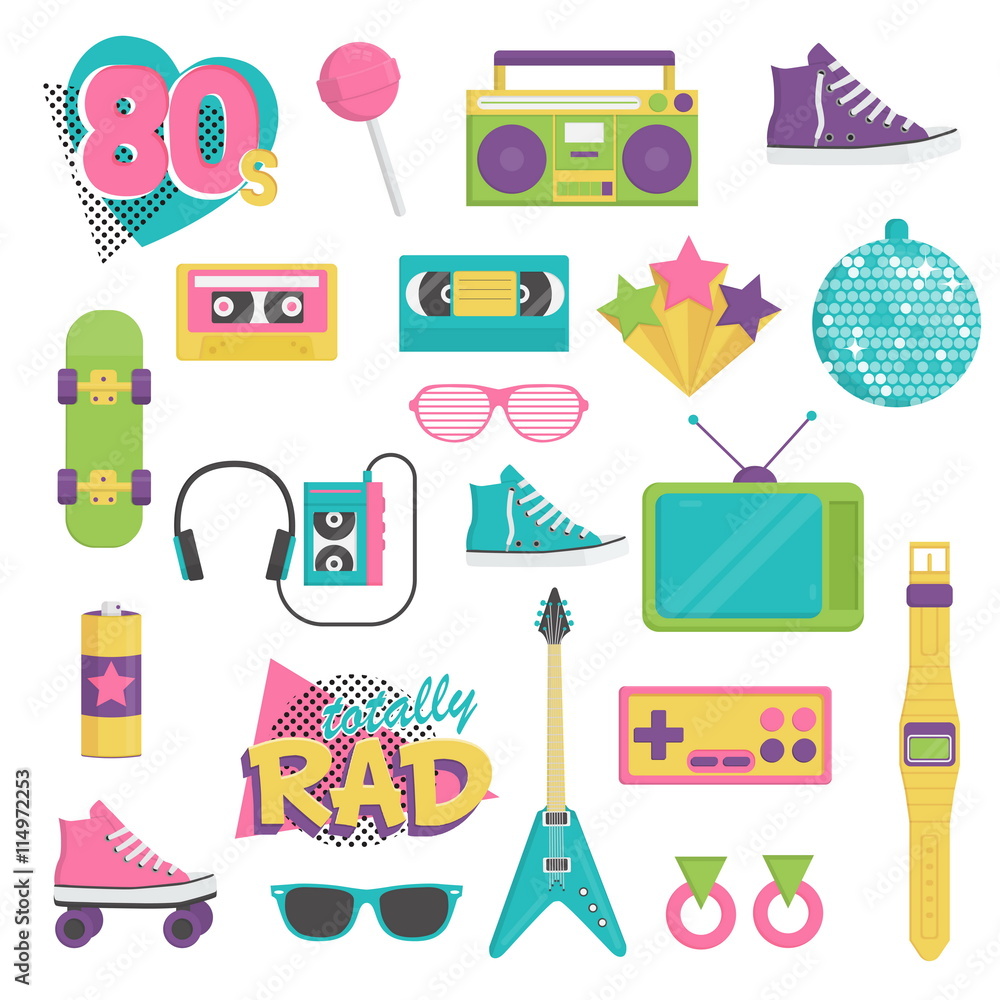 Collection of vintage retro 1980s style items that symbolize the 80s ...