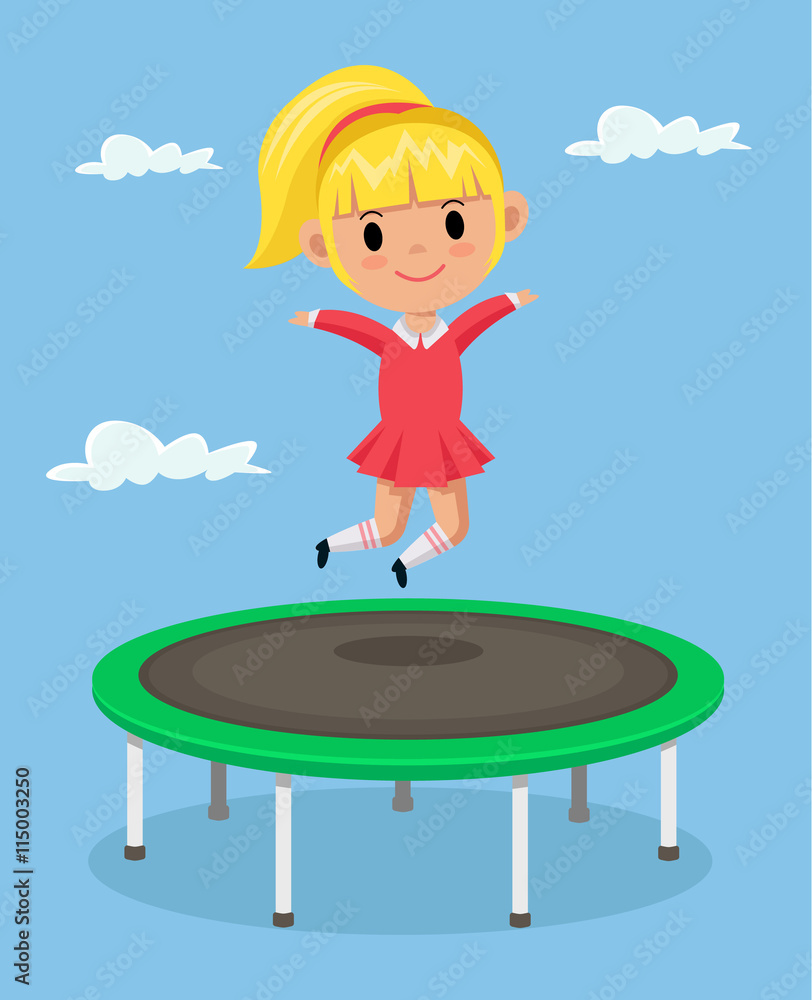 Little girl jumping on trampoline. Vector flat cartoon illustration ...