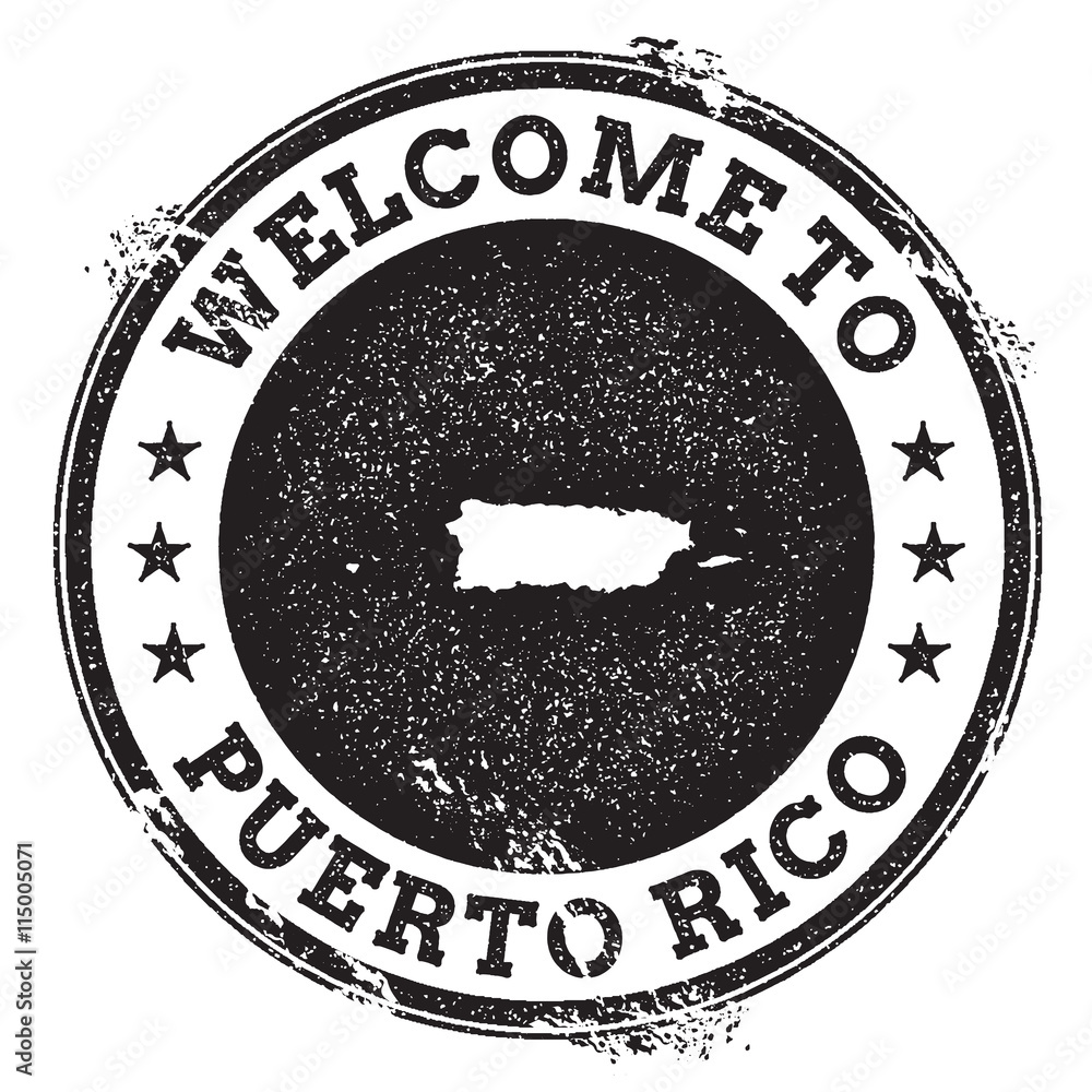 Vintage passport welcome stamp with Puerto Rico map. Grunge rubber ...
