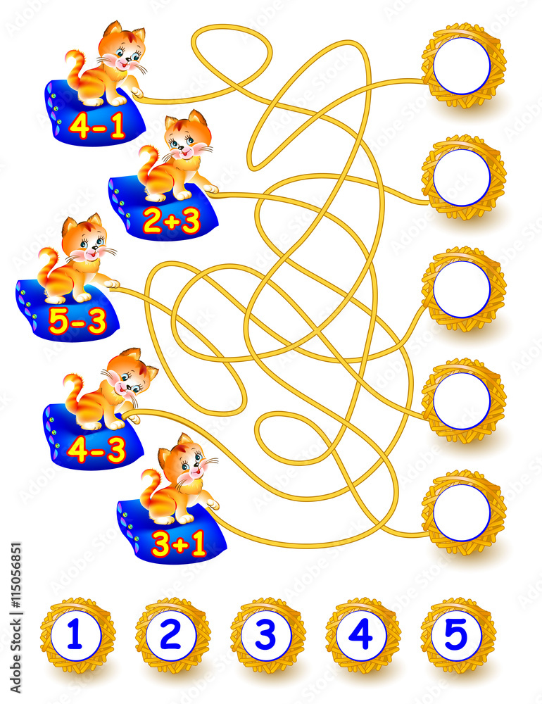 Exercises for children with funny kittens - need to solve examples and ...