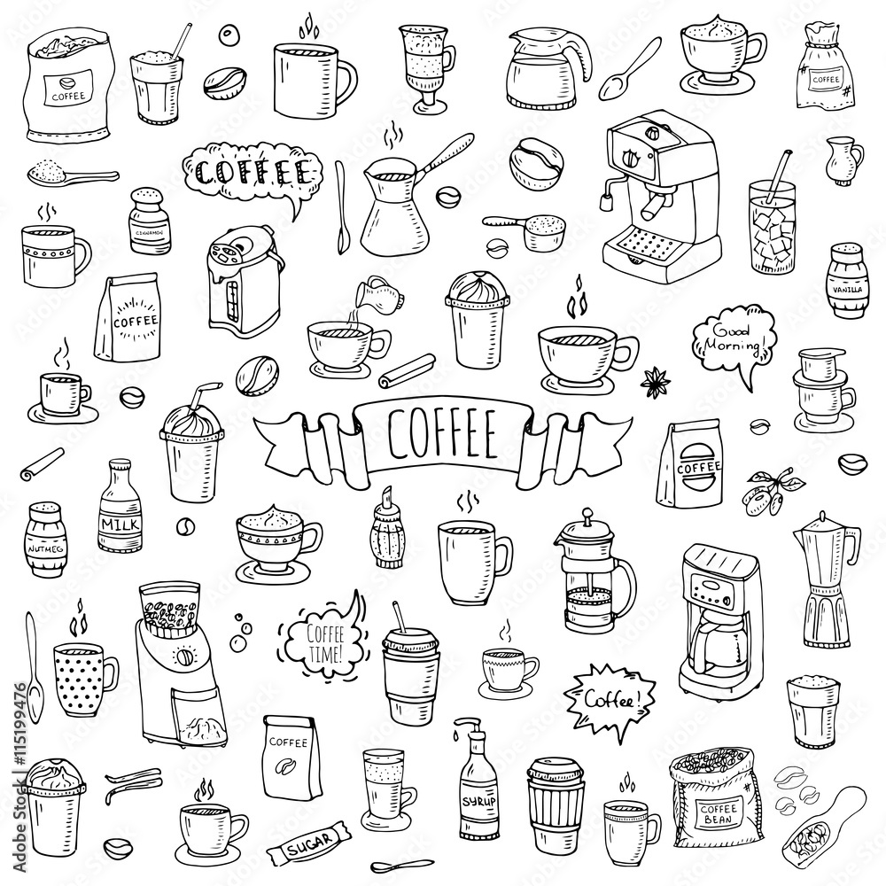 Hand drawn doodle Coffee time icon set Vector illustration isolated ...