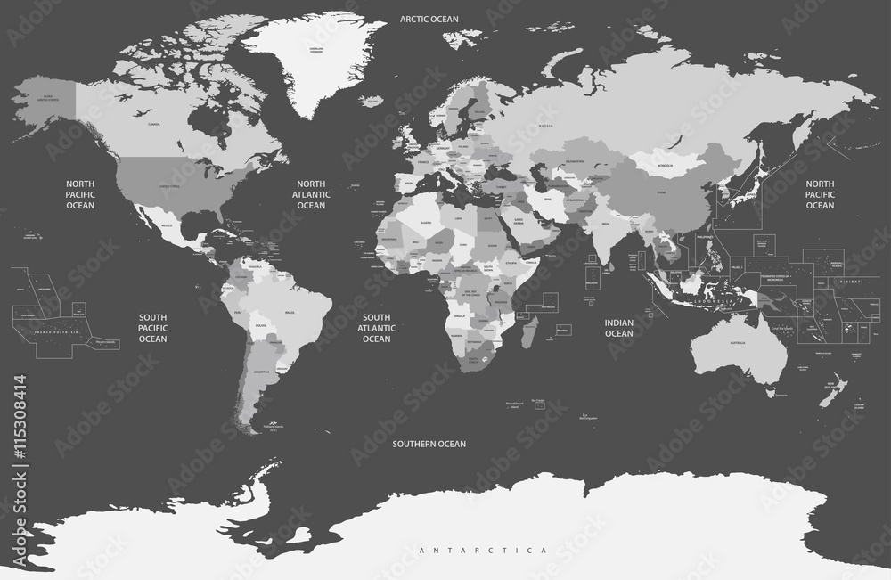 political world map in grey scales color palette. Vector illustration ...