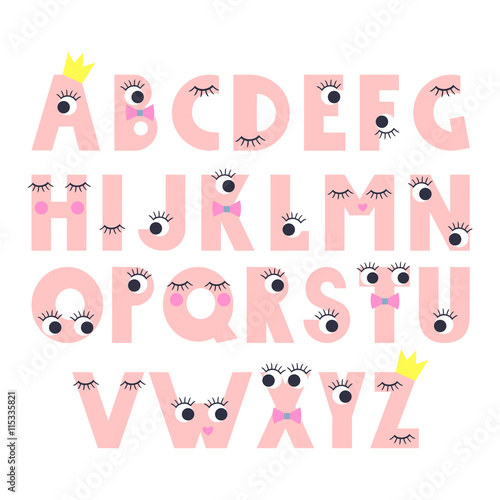 Cute abstract alphabet with cartoon eyes with lashes on white ...
