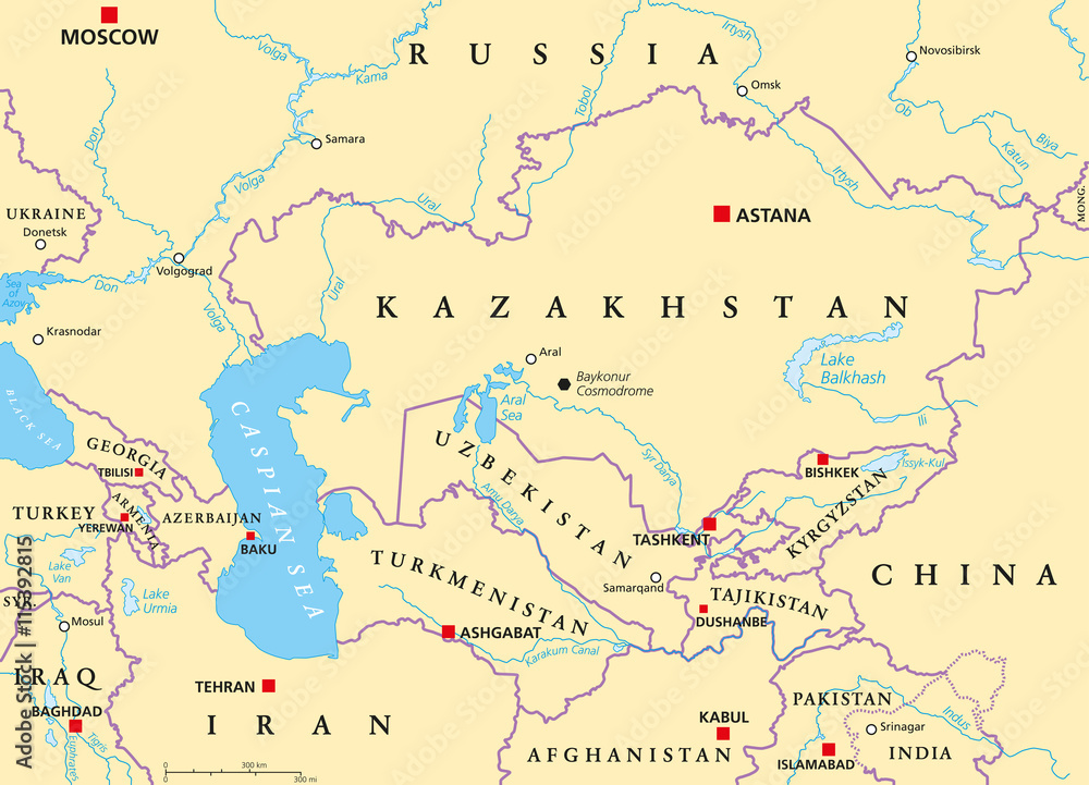 Caucasus and Central Asia political map with countries, their capitals ...