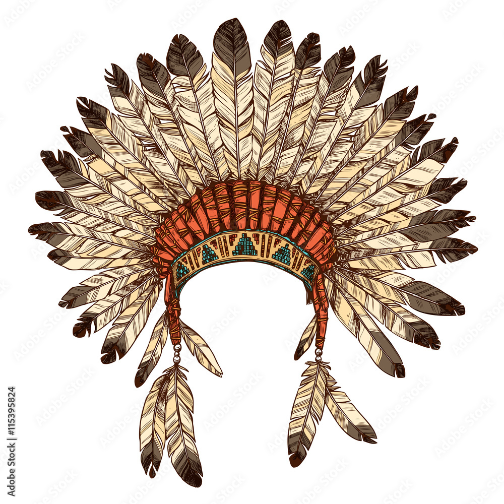 Hand Drawn Native American Indian Headdress. Vector Color Illustration ...