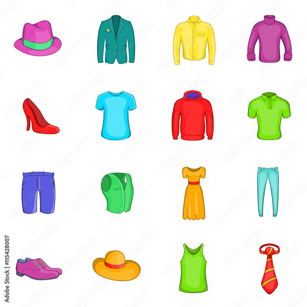 Clothes icons in cartoon style. Fashion set collection isolated vector ...