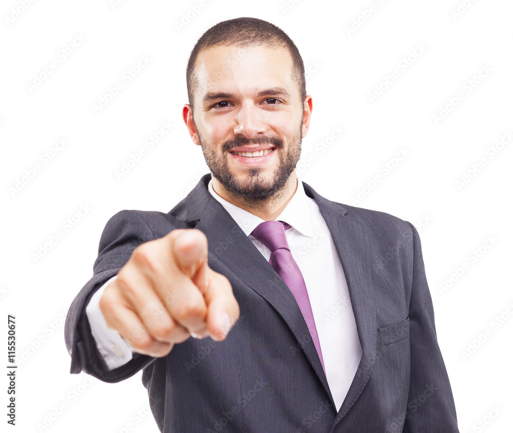 Happy smiling business man pointing the finger at you, isolated Stock ...