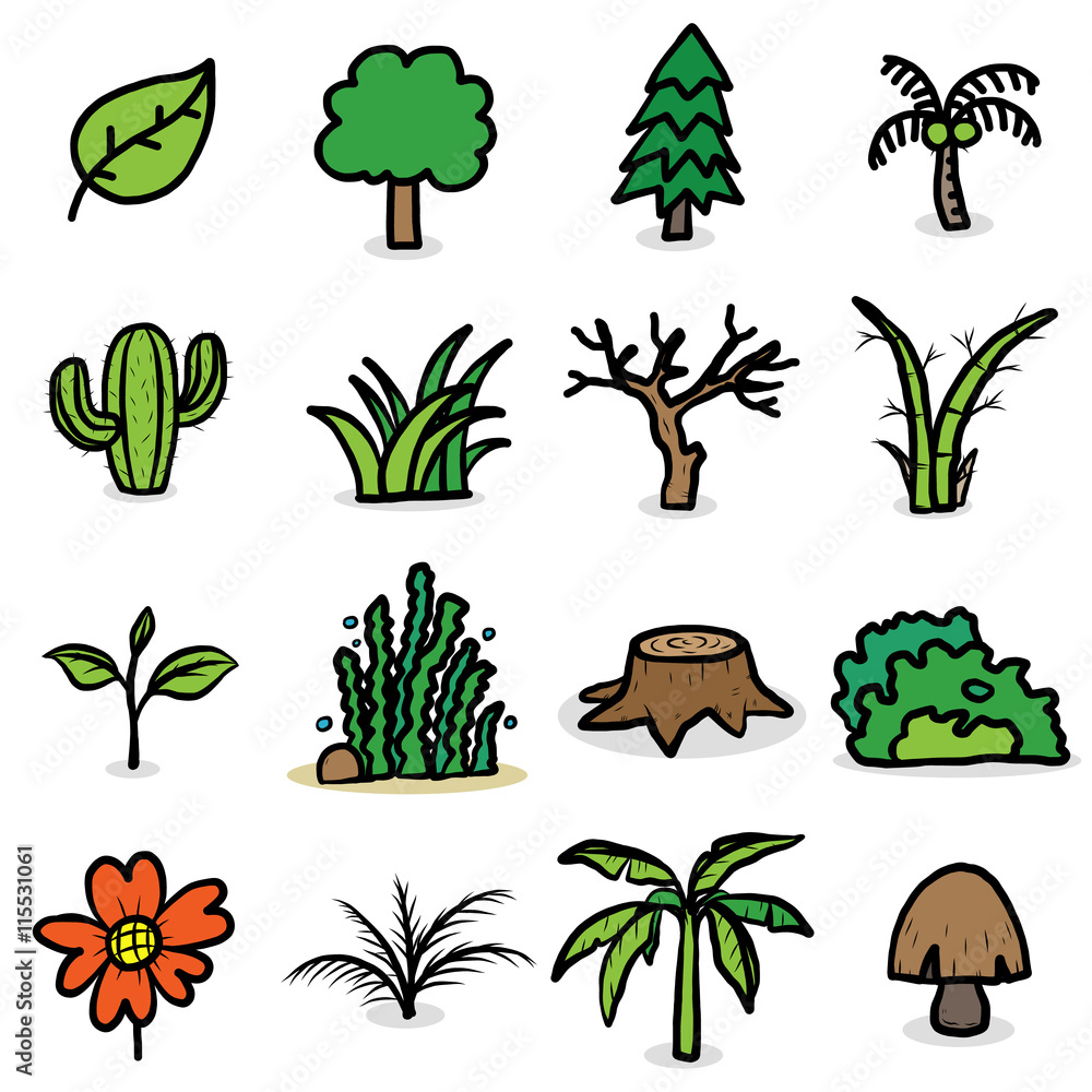 trees, plants icons set/ cartoon vector and illustration, hand drawn ...
