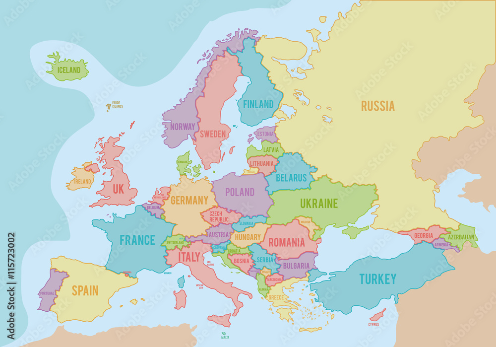Political map of Europe with colors and borders for each country Stock ...