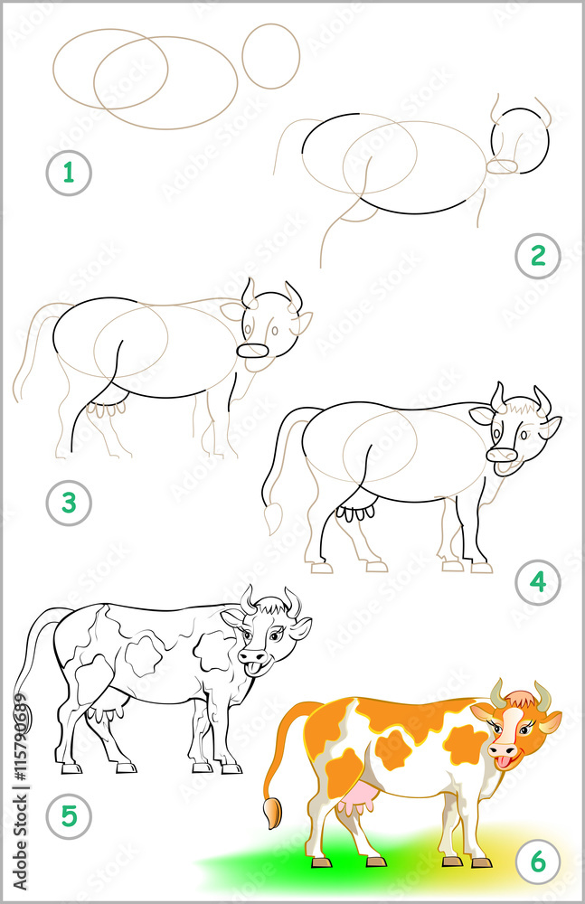 Page shows how to learn step by step to draw a cow. Developing children ...