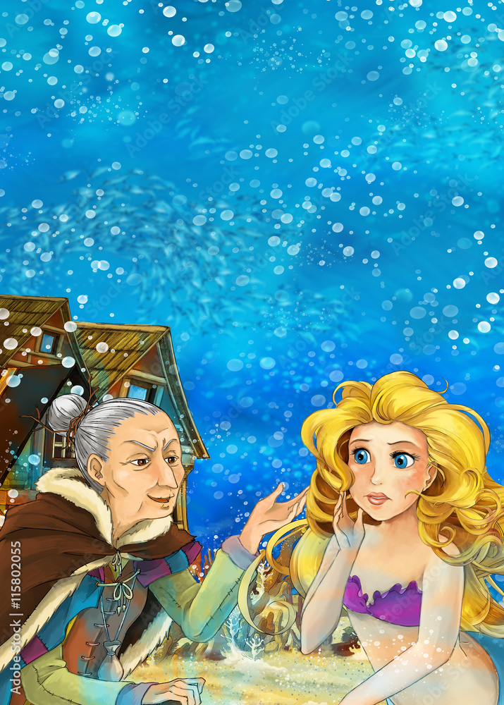 Cartoon fantasy scene on underwater village - with older woman mermaid ...