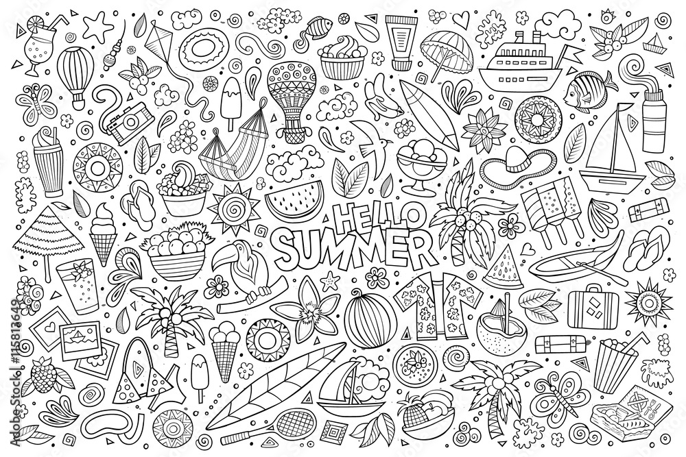 Line art vector set of summer objects Stock Vector | Adobe Stock