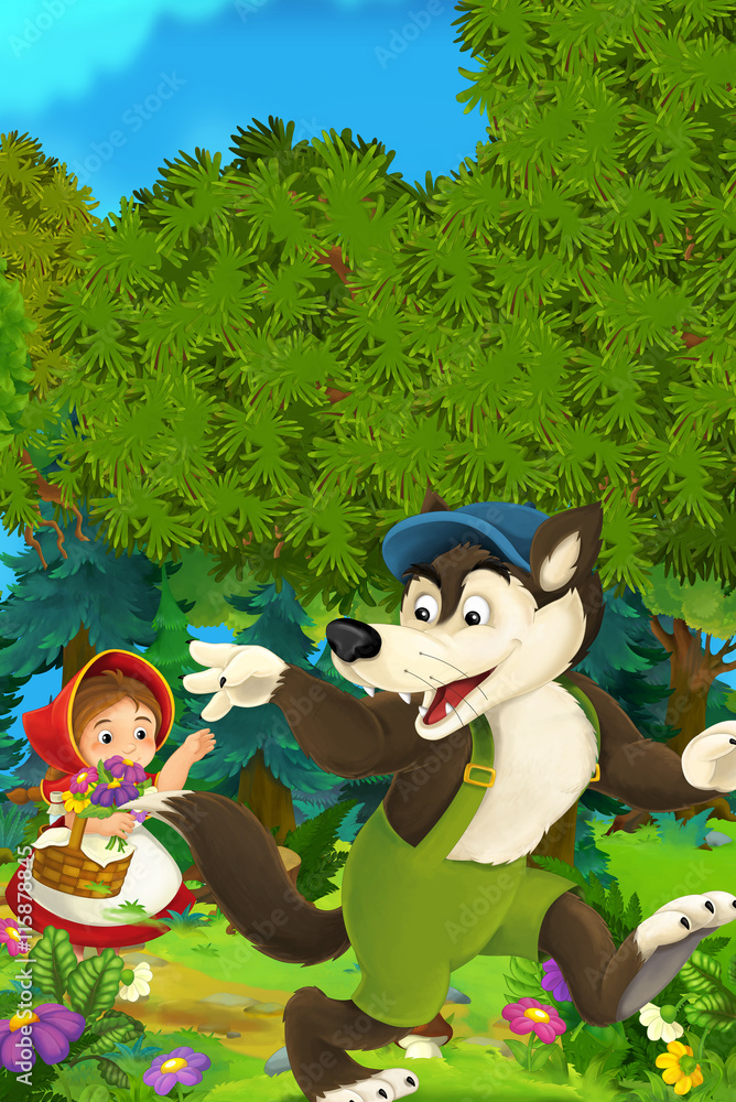 Cartoon forest scene - wolf waving little girl for goodbye - good for ...