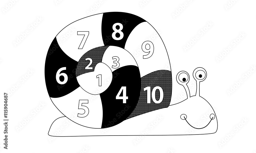 Smiling cartoon snail with numbers 1-10 / black and white vector ...