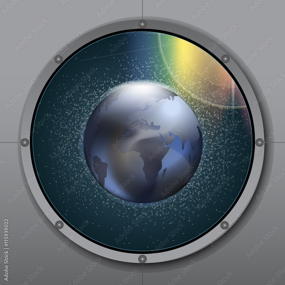 View from rocket or ship porthole on planet earth in space over a ...