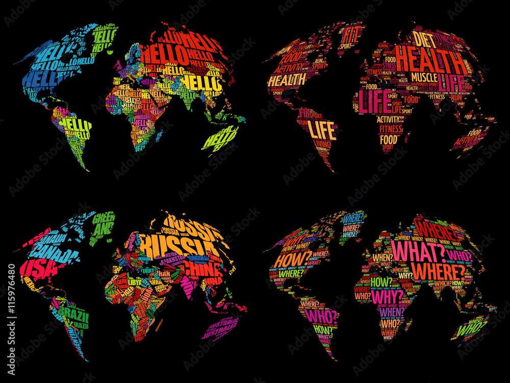 Set of Infographic World Word Cloud Maps in Typography, Health, Hello ...