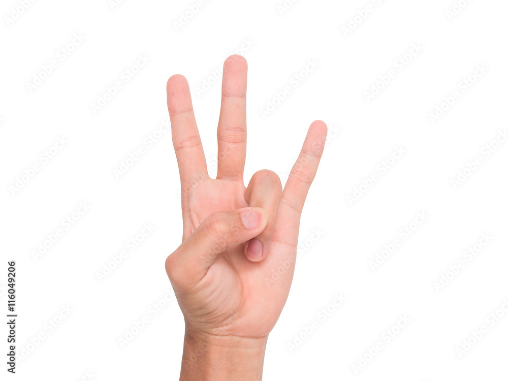 A hand sign of 3 fingers point upward meaning three, third, etc. with ...