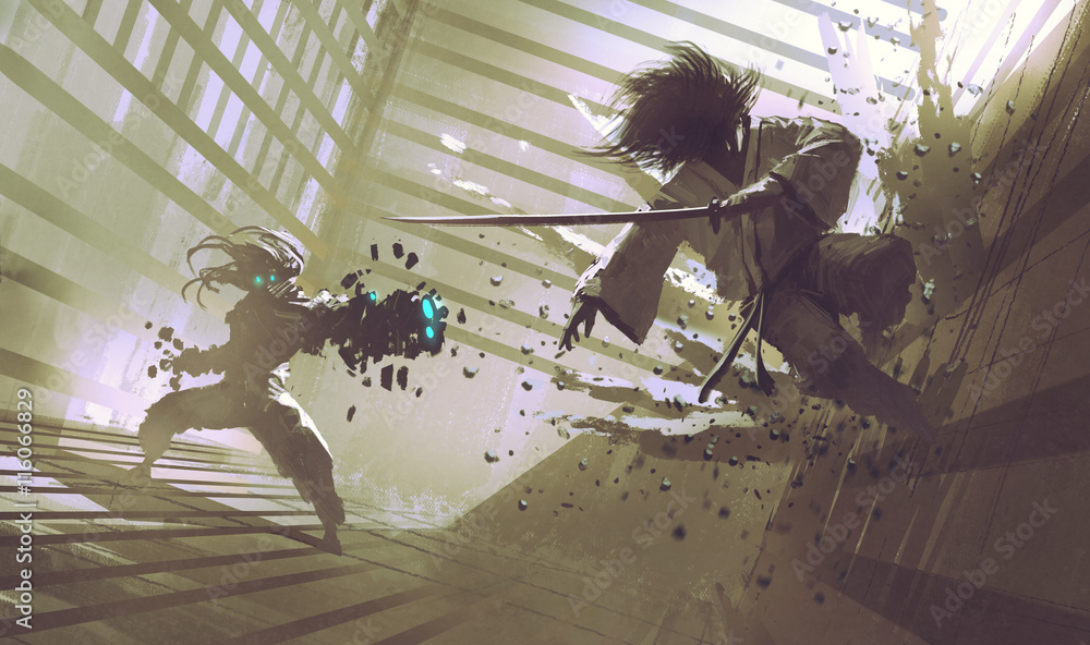 fight between samurai and robot in dojo; sci-fi action scene ...