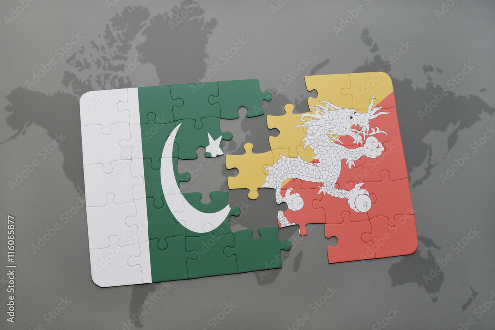 puzzle with the national flag of pakistan and bhutan on a world map ...