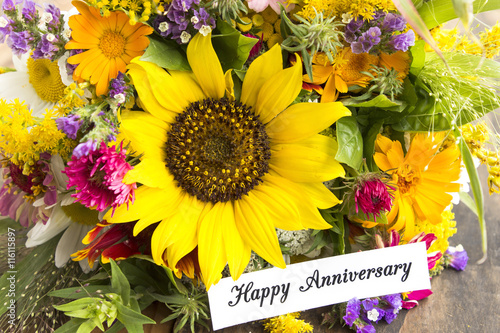 Happy Anniversary Card with Bouquet of Summer Flowers Stock Photo ...