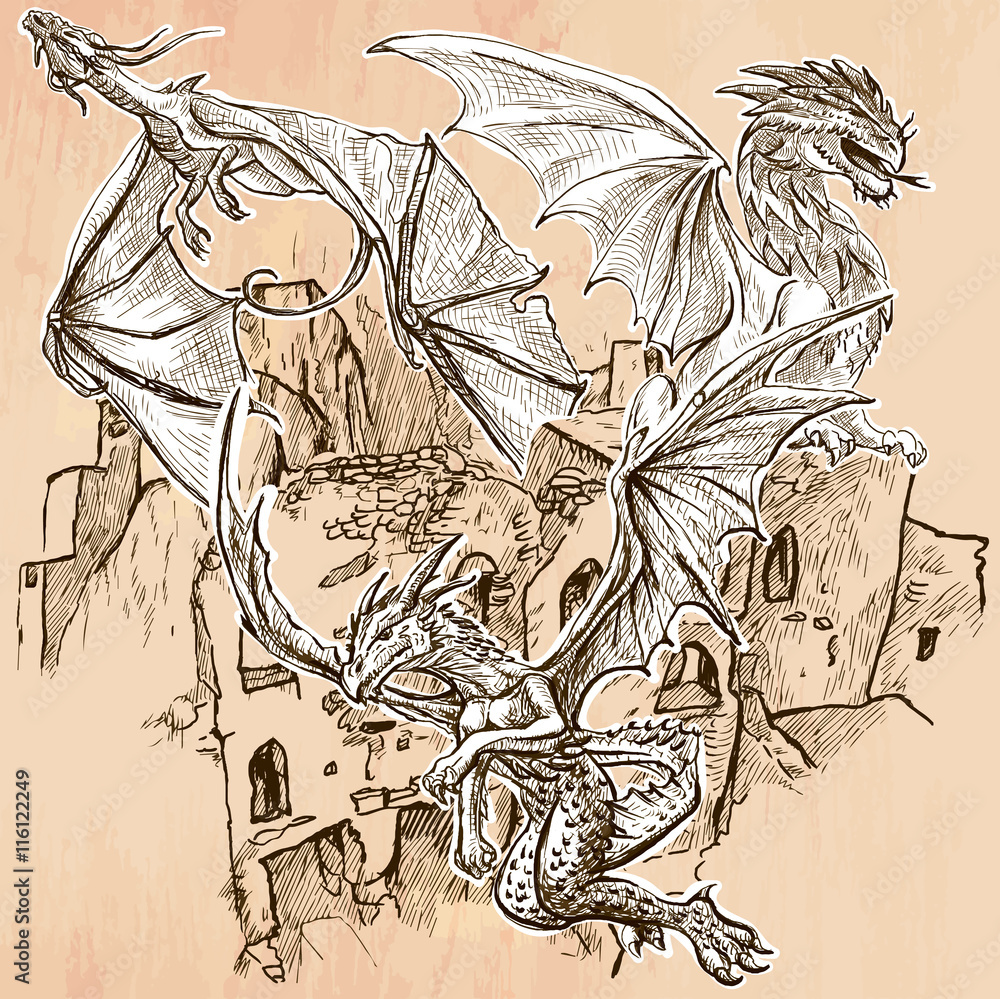 DRAGONS flying upon the old Castle, Ruins. Freehand sketching, line ...