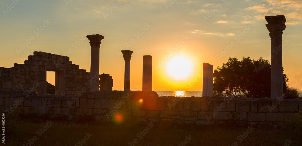Ancient Greek basilica and marble columns in Chersonesus Taurica on the ...