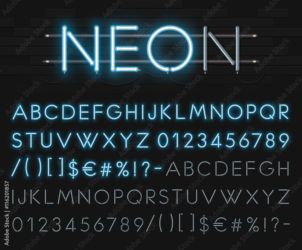 Realistic neon alphabet on a background of black brick wall. Blue ...