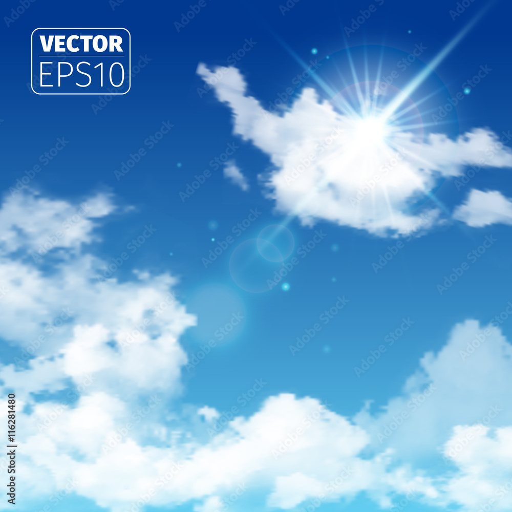Realistic sun flare with clouds on blue sky. の Stock ベクター | Adobe Stock