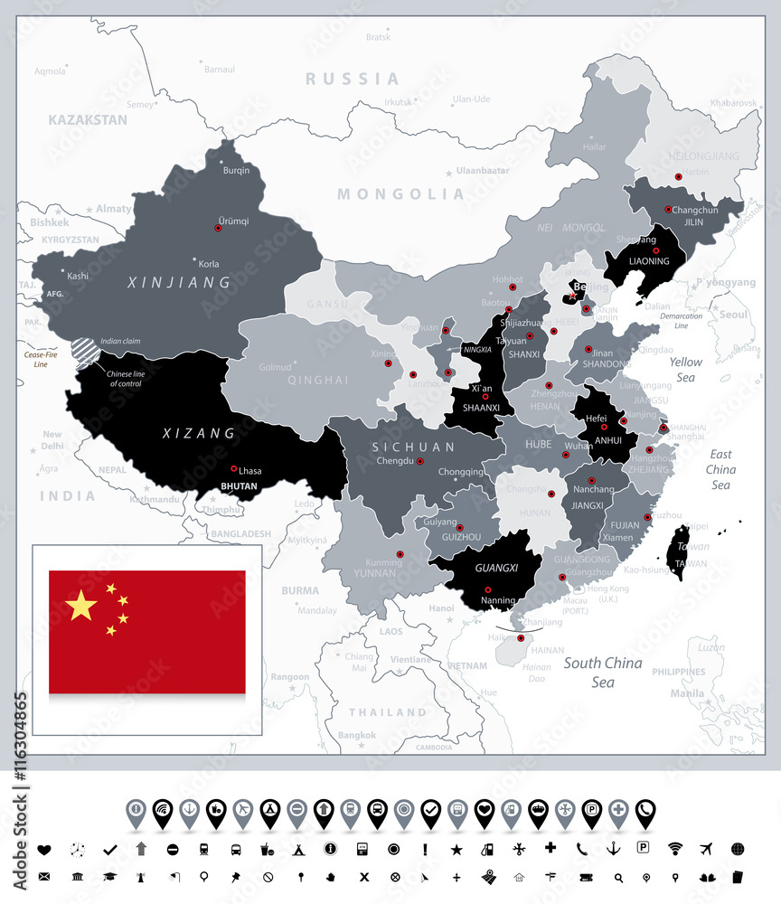Grayscale map of China and navigation icons Stock Vector | Adobe Stock