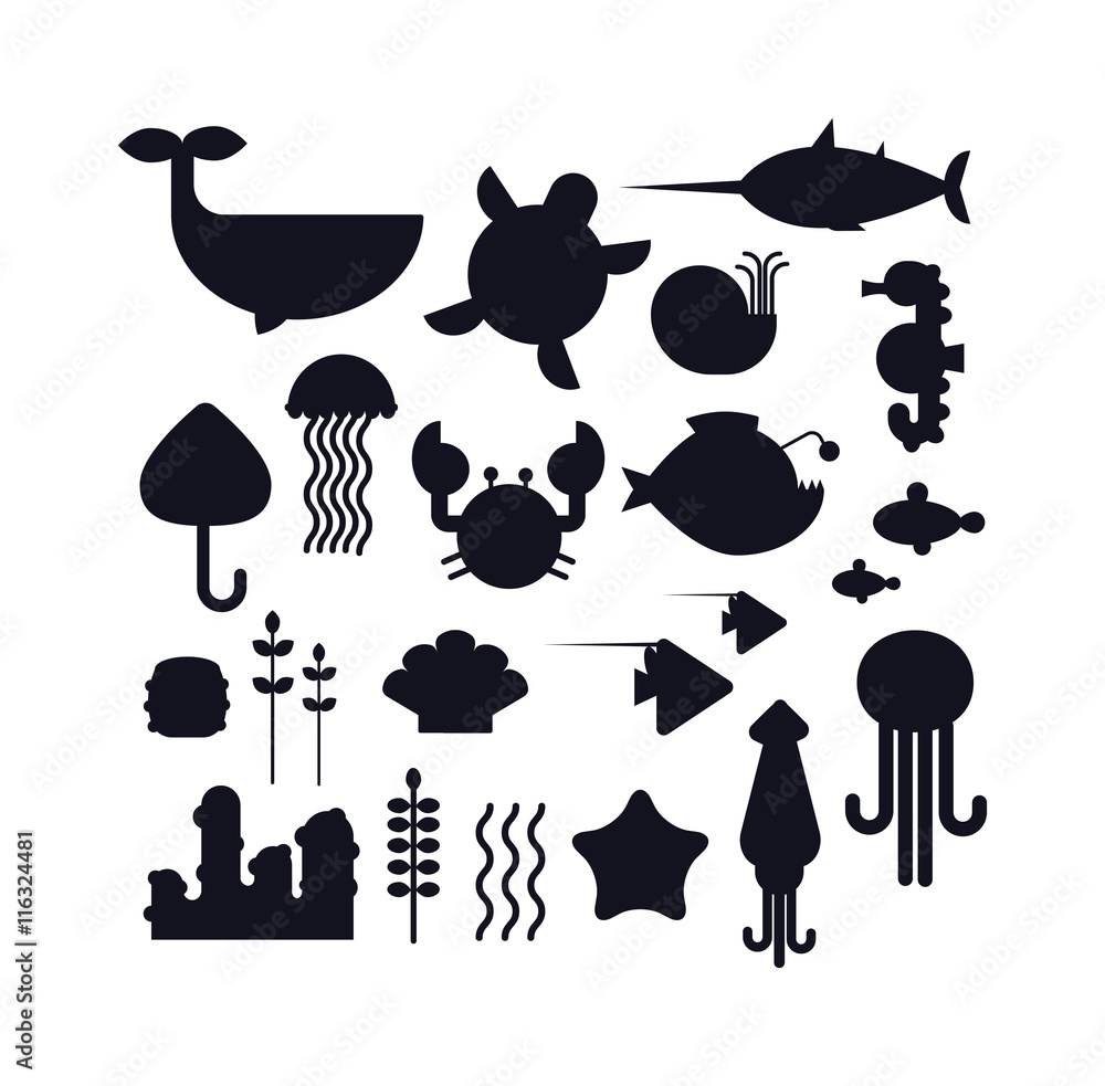 Vector set of cute sea animals creatures characters. Cartoon ocean ...