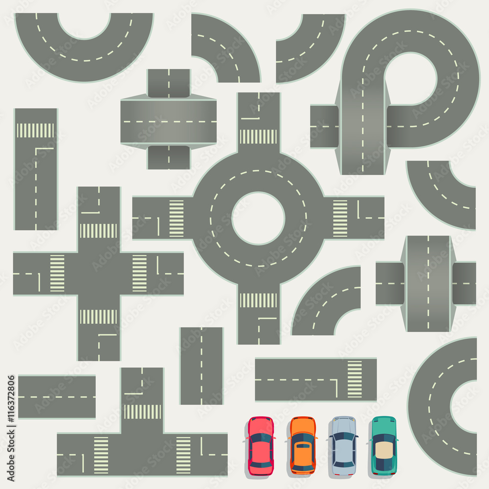 Highway road construction map top view vector elements. Part of road ...