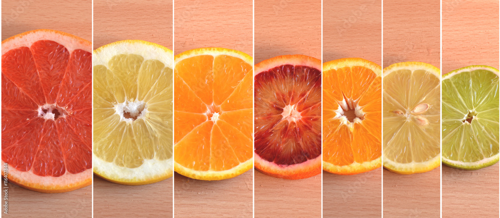 Seven different types of citrus arranged by size: grapefruit, orange ...